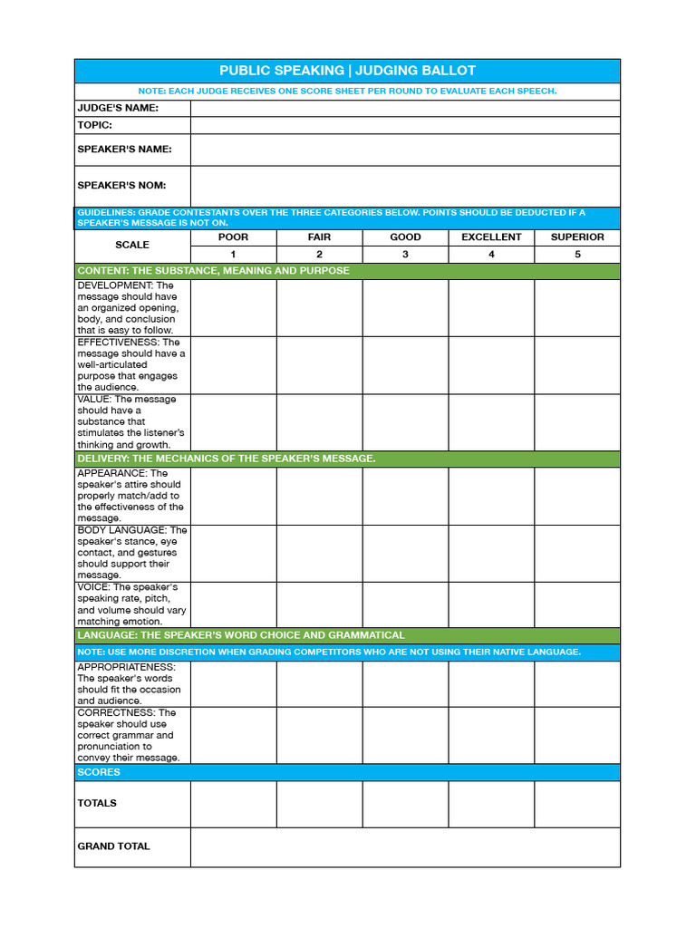 Sample Public Speaking Judging Ballot - XLSX Google Sheets | PDF