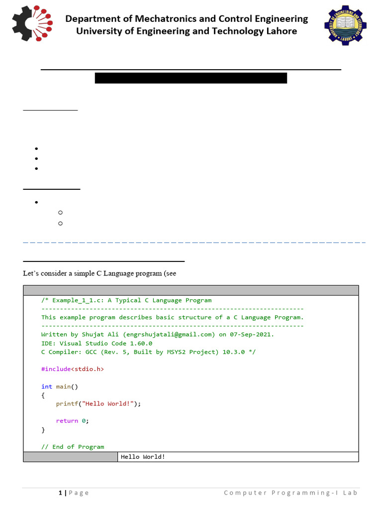 MCT-142L CP - Lab 01 - Structure of A C Program | PDF | C (Programming Language) | Computer Program