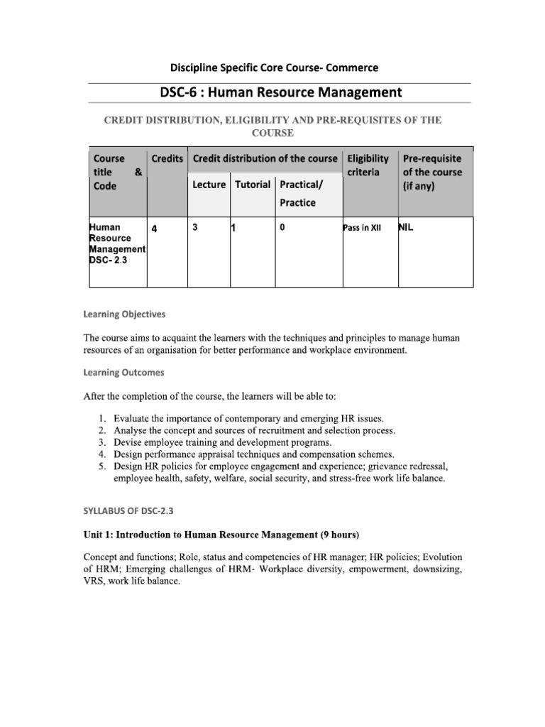 Human Resource Management Syllabus | PDF
