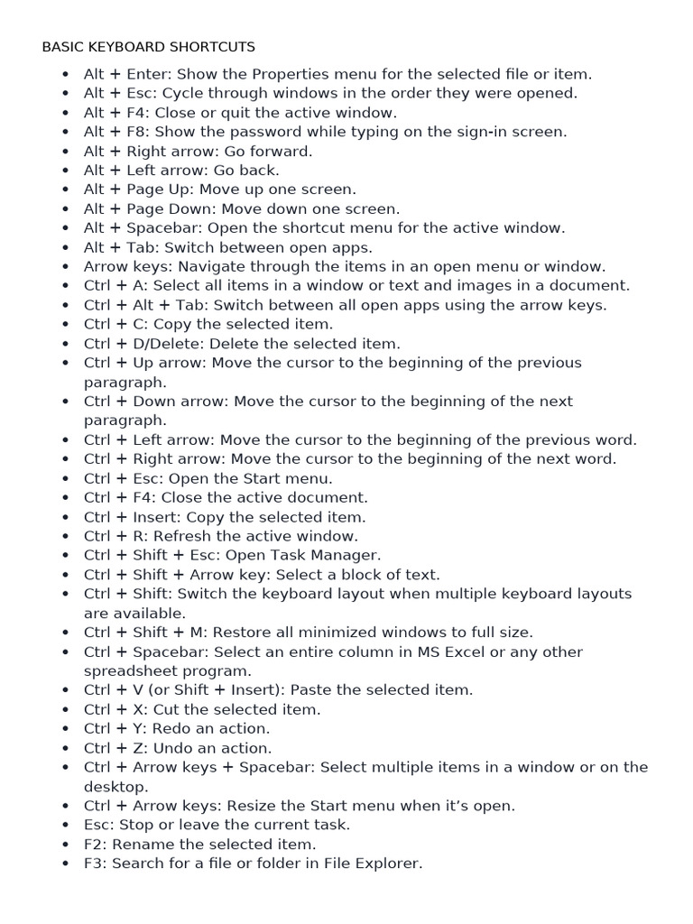 Basic Keyboard Shortcuts | PDF | Computer Keyboard | Window (Computing)
