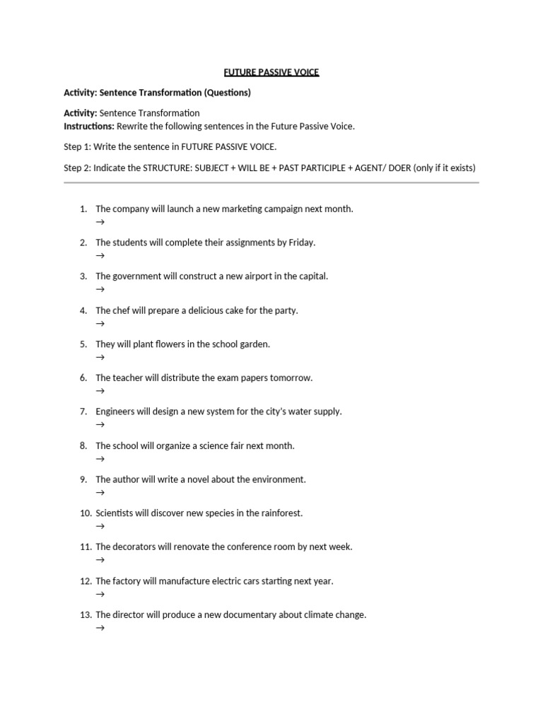 Future Passive Voice Exercises | PDF