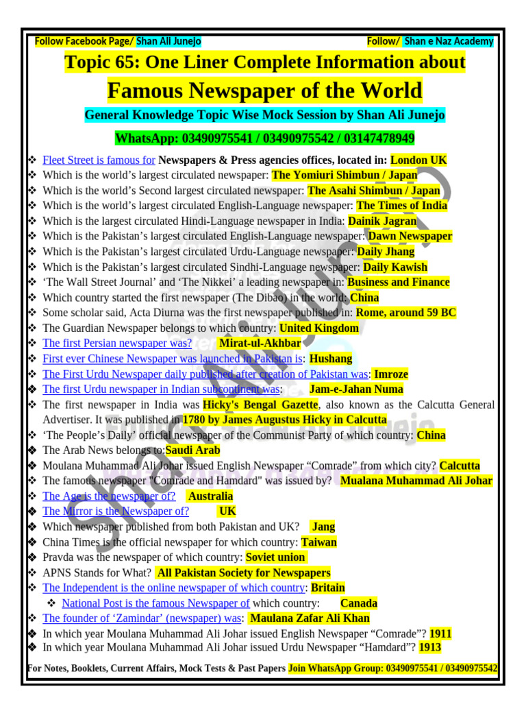 Overview of Famous Newspapers Worldwide | PDF | Newspapers | News