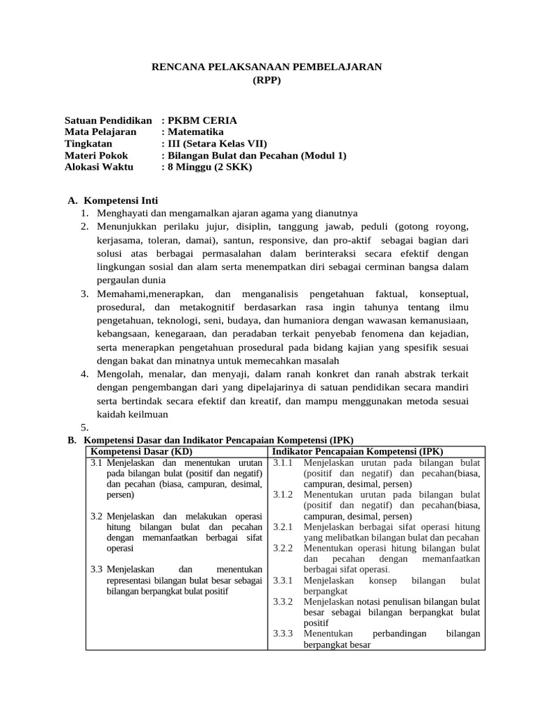 RPP Matematika PKBM Ceria Kelas VII | PDF