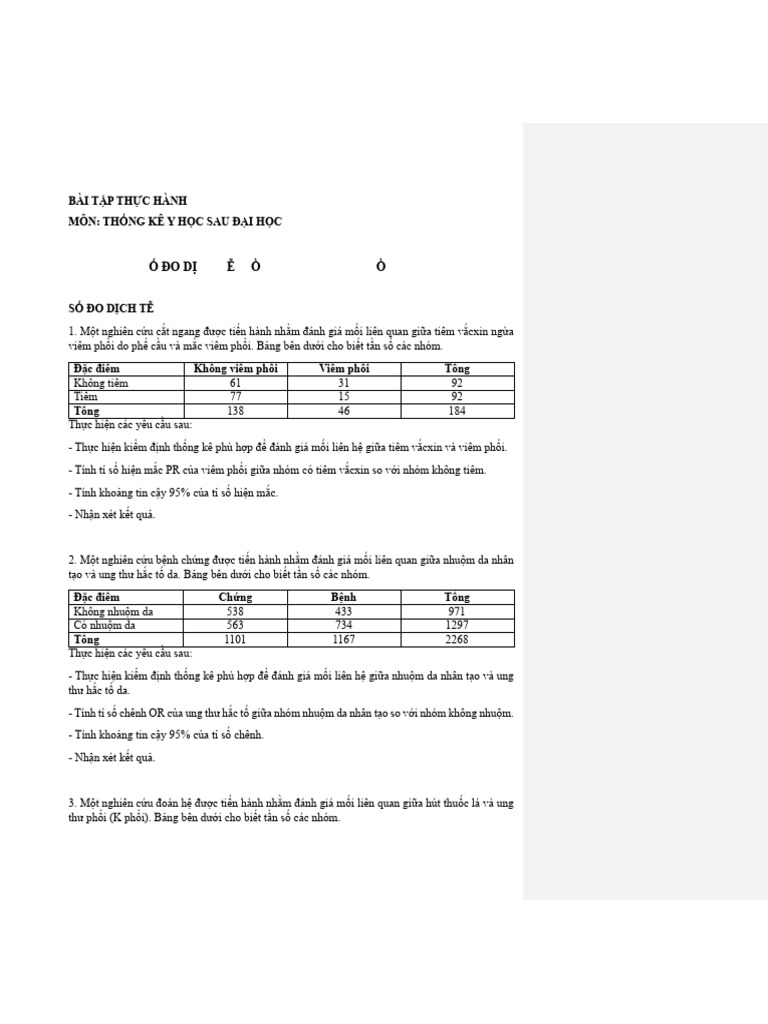 BÀI TẬP NGÀY 5 - SỐ ĐO DỊCH TỄ VÀ HỒI QUY | PDF