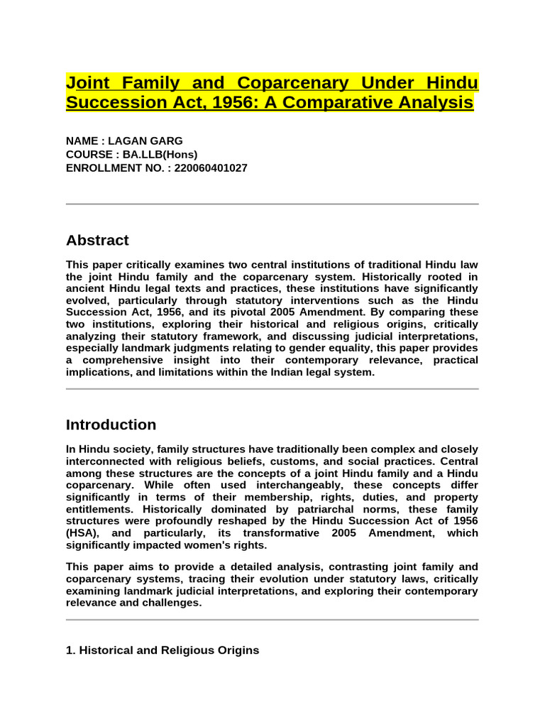 Joint Family and Coparcenary Under Hindu Succession Act, 1956 - A ...