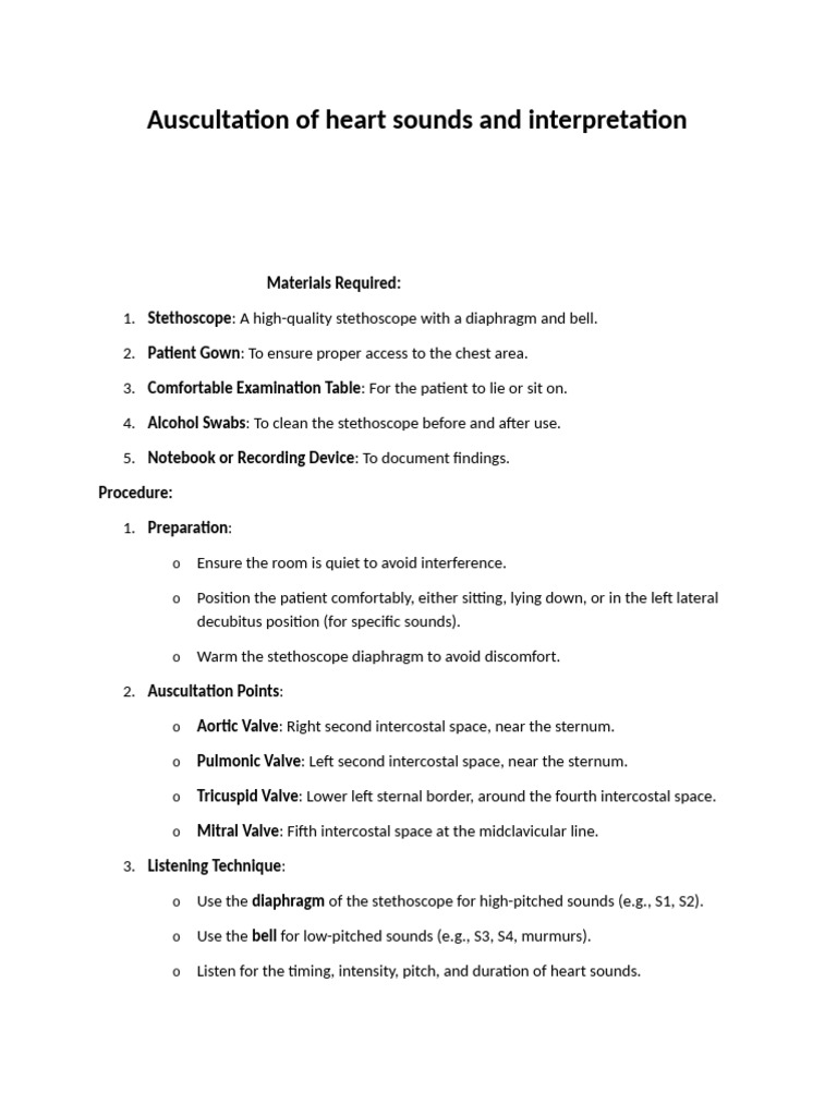 Auscultation of Heart Sounds and Interpretation | PDF