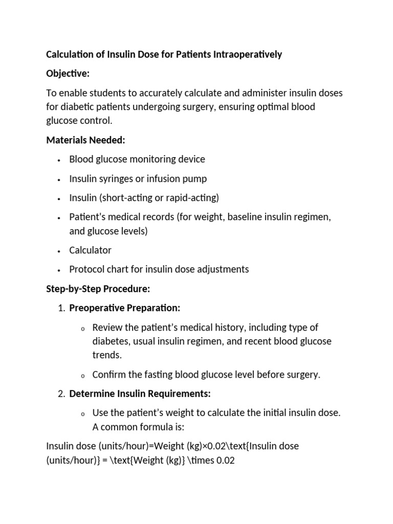 Calculation of Insulin Dose For Patients Intraoperatively | PDF ...