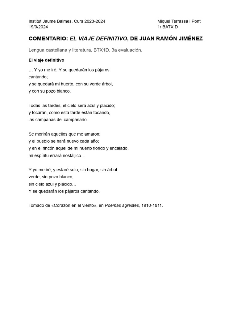 El Viaje Definitivo, Juan Ramón Jiménez - Miquel Terrassa | PDF