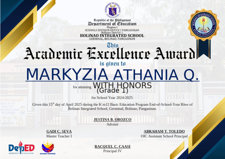 Academic Excellence Award Certificate-Elementary | PDF