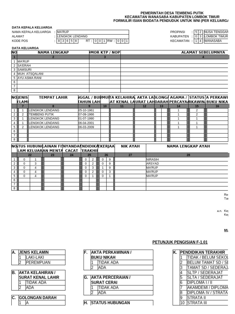 F-1.01 Formulir KK | PDF