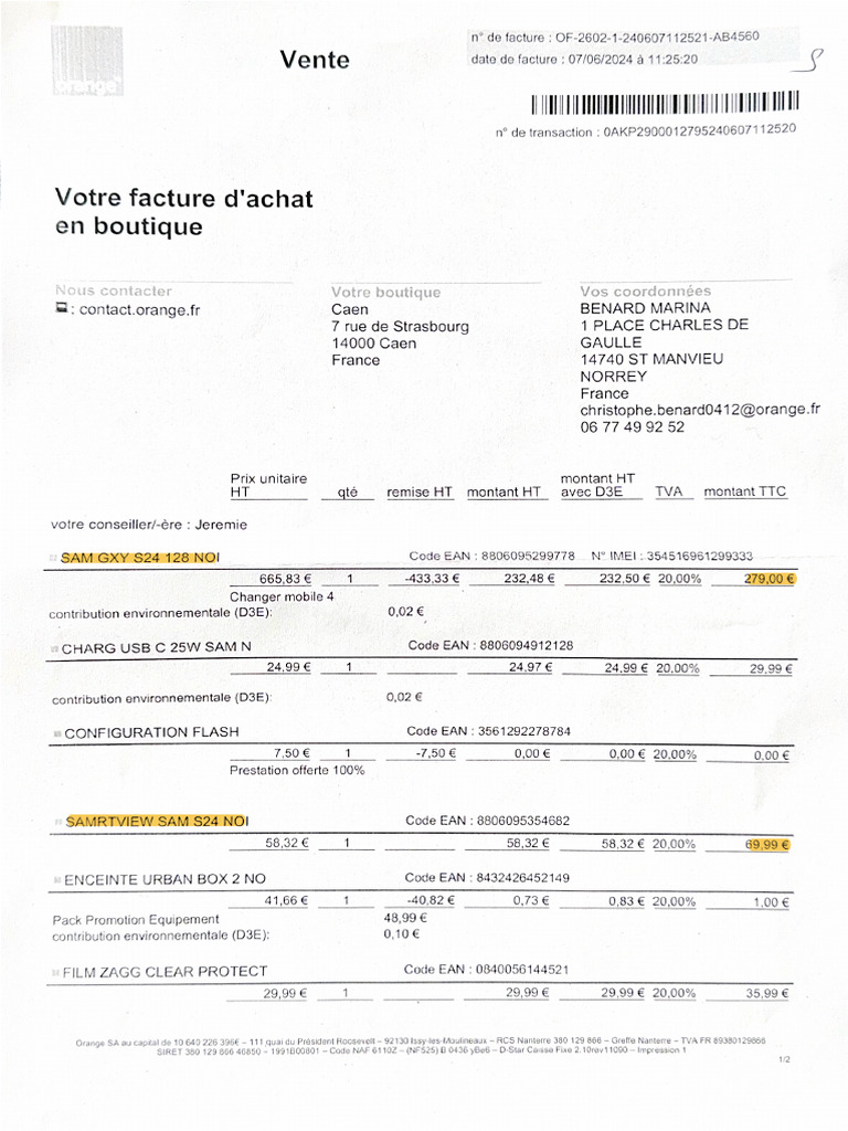 Facture Orange - Samsung S24 | PDF