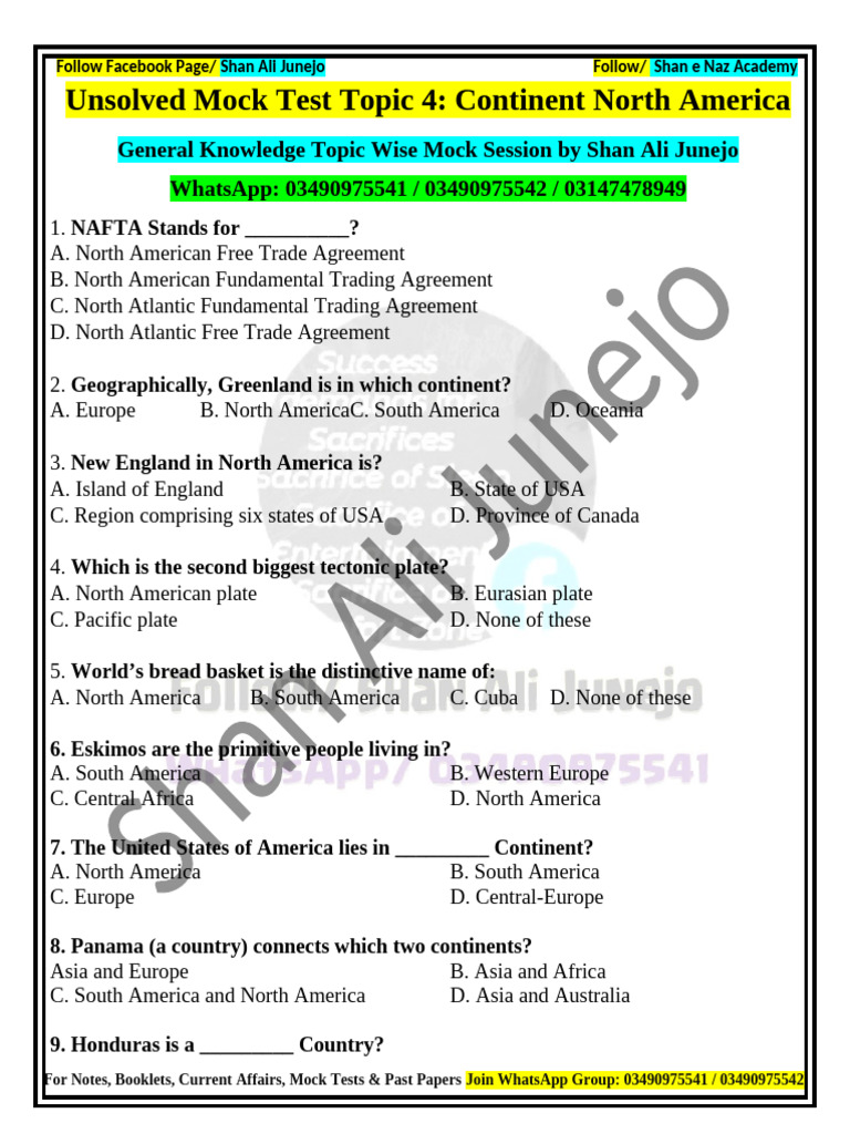 North America General Knowledge Test | PDF | North America | Continent