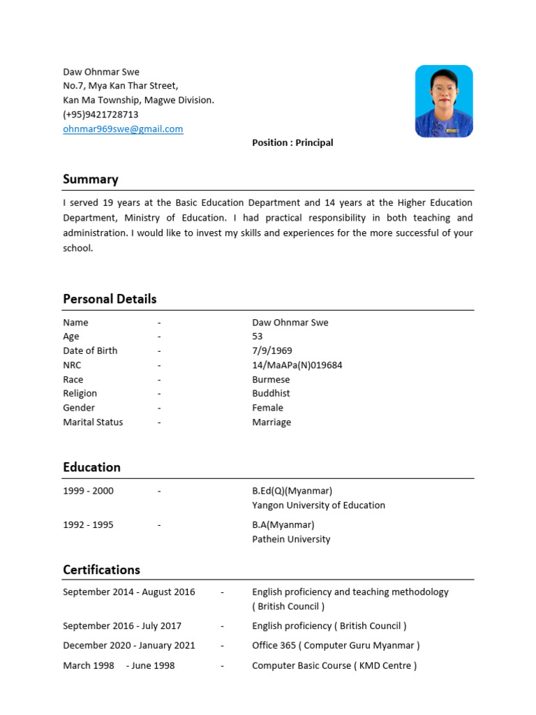 Principal Profile: Daw Ohnmar Swe | PDF