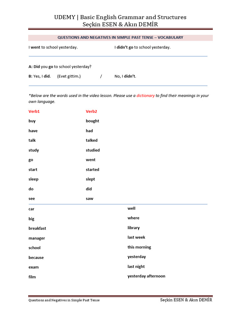 35 034 Questions and Negatives in Simple Past Tense Vocabulary | PDF