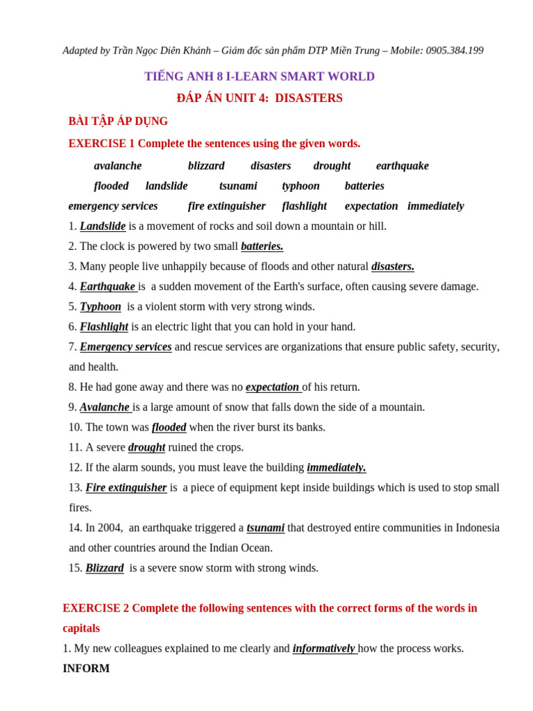 ĐÁP ÁN UNIT 4 - TA8 ILSW - BÀI TẬP LÀM THÊM - BY DIÊN KHÁNH | PDF | Natural Disasters | Tsunami