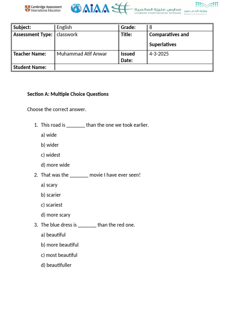 Comparatives and Superlatives Quiz | PDF | Adjective