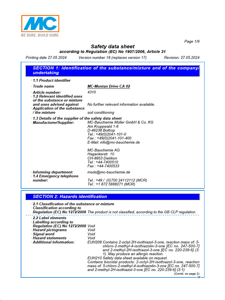 MC-Montan Drive CA 02 Safety Data Sheet | PDF | Dangerous Goods | Toxicity