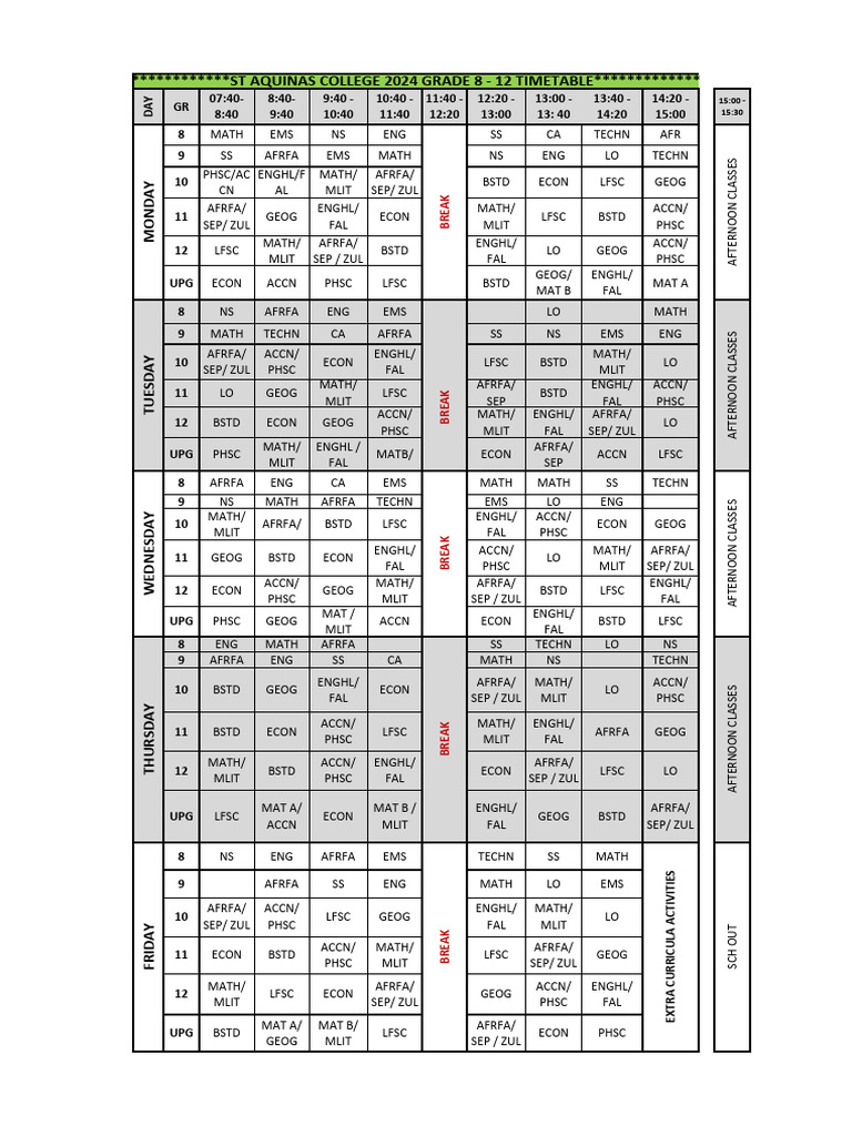 St Aquinas College Timetable 2025 | PDF
