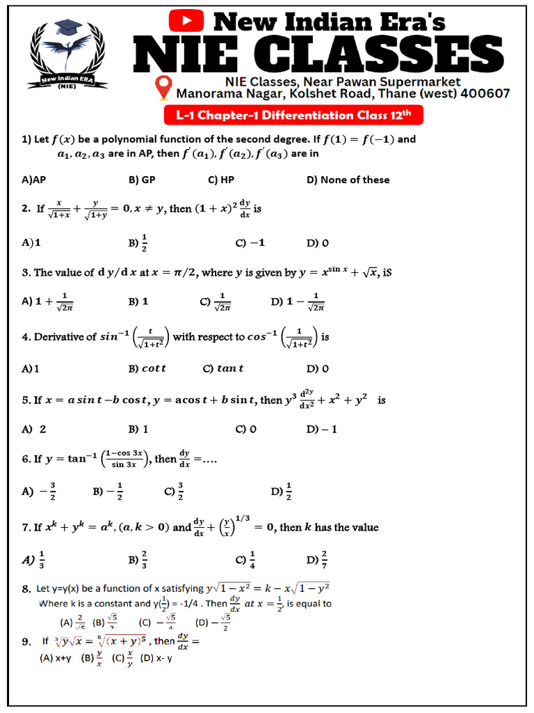 Class 12 Differentiation Exercise 1.1 | PDF | Analysis | Mathematical ...