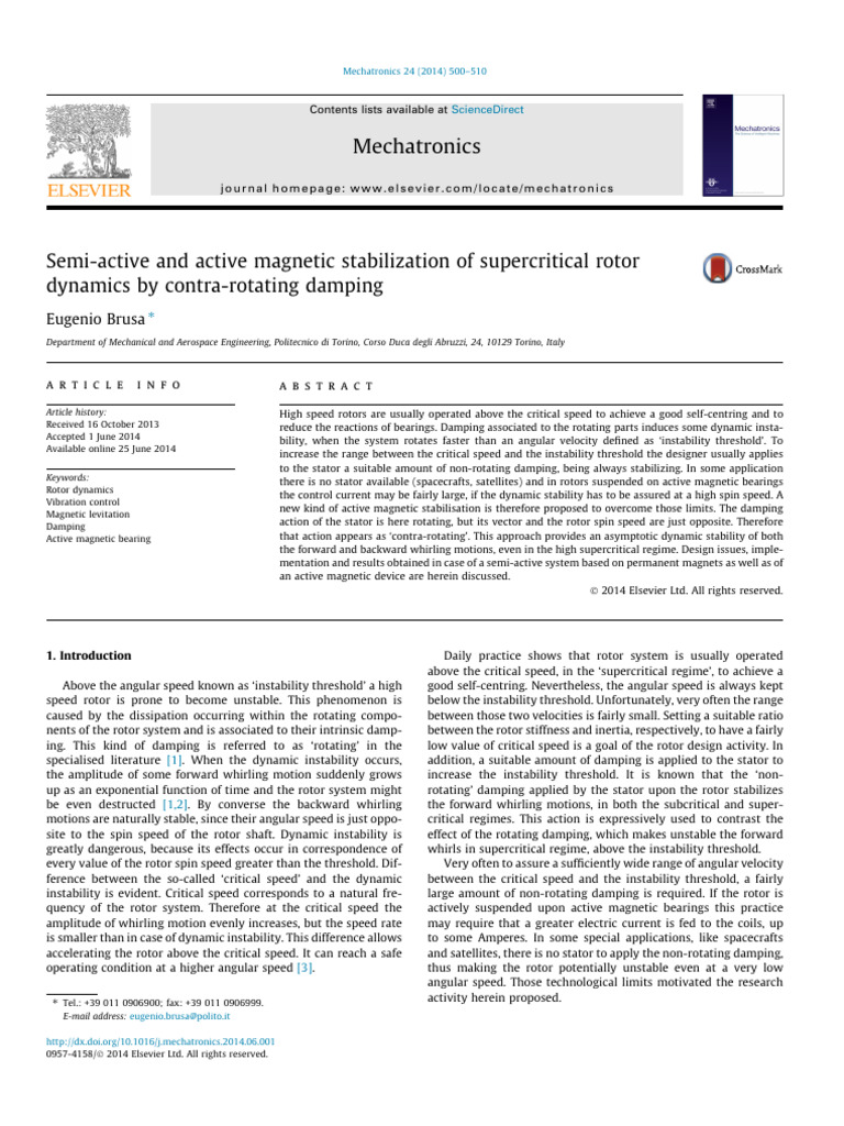 Semi-Active and Active Magnetic Stabilization of Supercritical Rotor ...