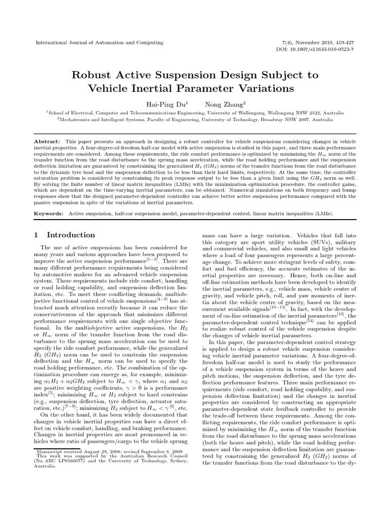 Robust Active Suspension Design Subject To Vehicle Inertial Parameter ...