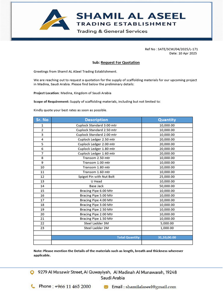 Scaffolding Materials Quotation Request | PDF | Scaffolding