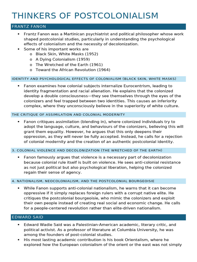 Thinkers of Postcolonialism | PDF | Postcolonialism | Frantz Fanon