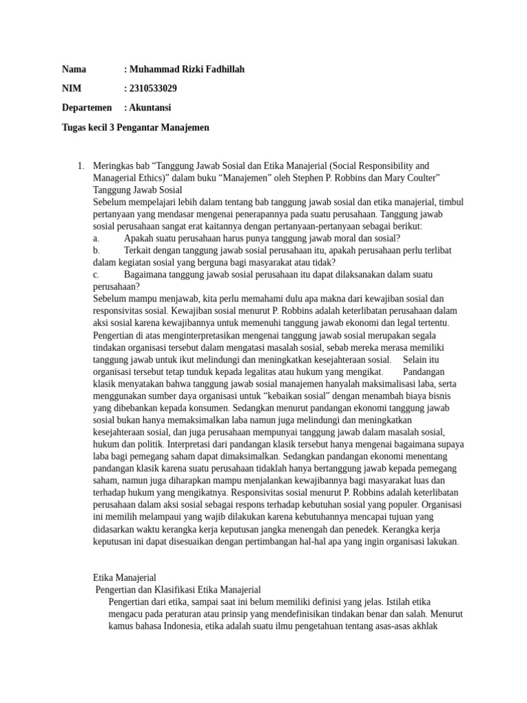 Tugas Kecil Pengantar Manajemen | PDF