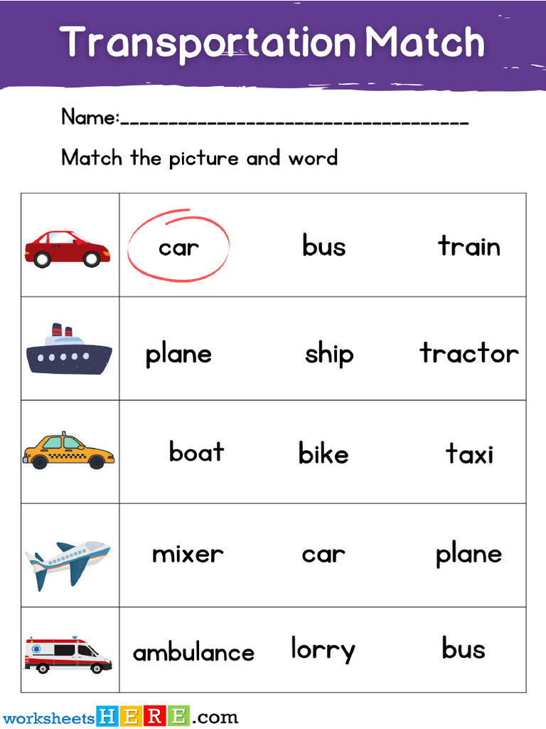 Circle Transportation Names With Correct Pictures Activity PDF ...