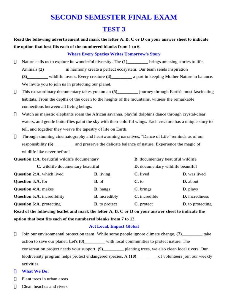 Second Semester Final Exam GRADE 11 Test 3 | PDF | Mountains | Climate ...