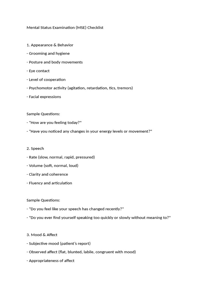 Checklist - Mental Examination | PDF | Behavioural Sciences | Cognition