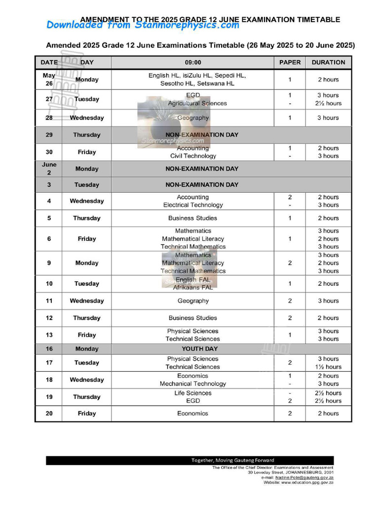 GP June Exam Grade 12 Timetable 2025 | PDF