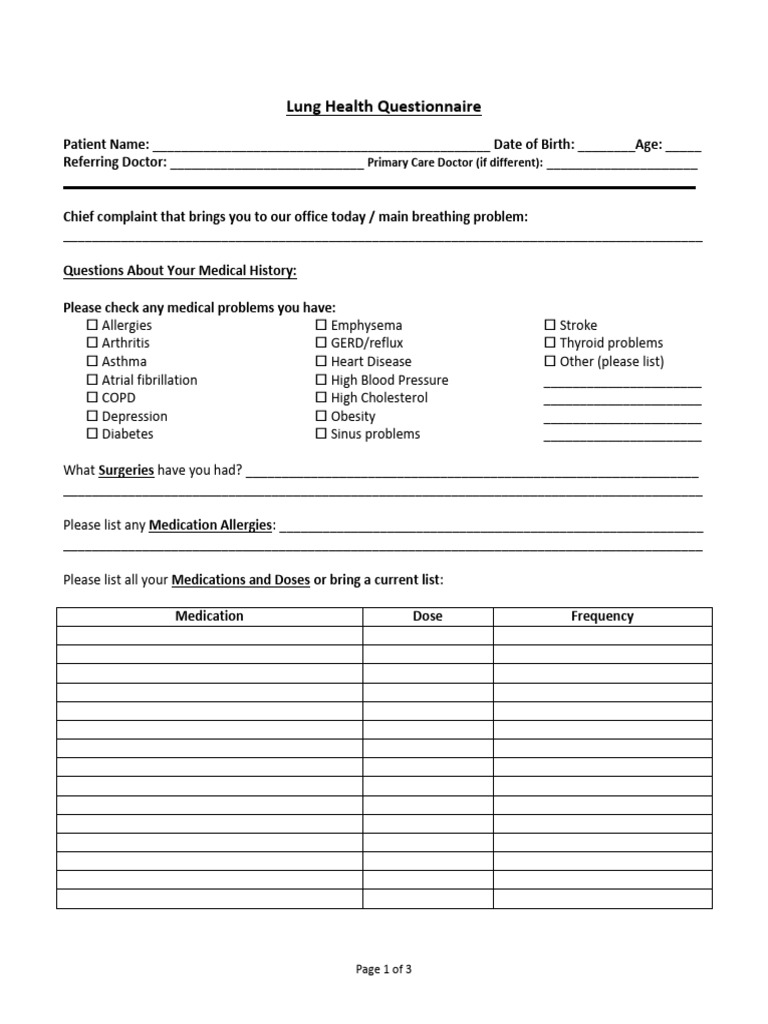 Lung Health Questionnaire Template | PDF | Respiratory Diseases | Cough