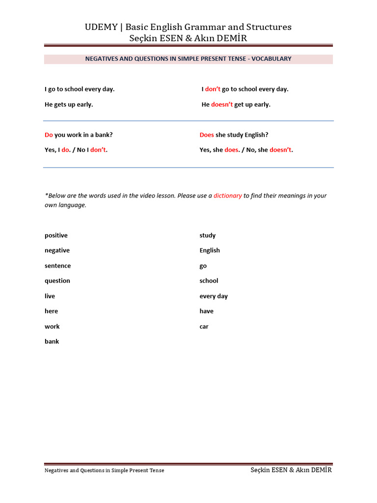 16 - 015-Negative-and-Questions-in-Simple-Present-Tense-Vocabulary | PDF