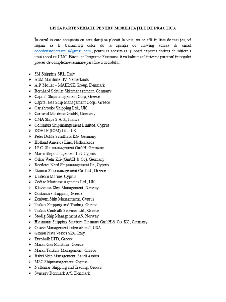 Lista Parteneriate Pentru Mobilitatile de Practica | PDF