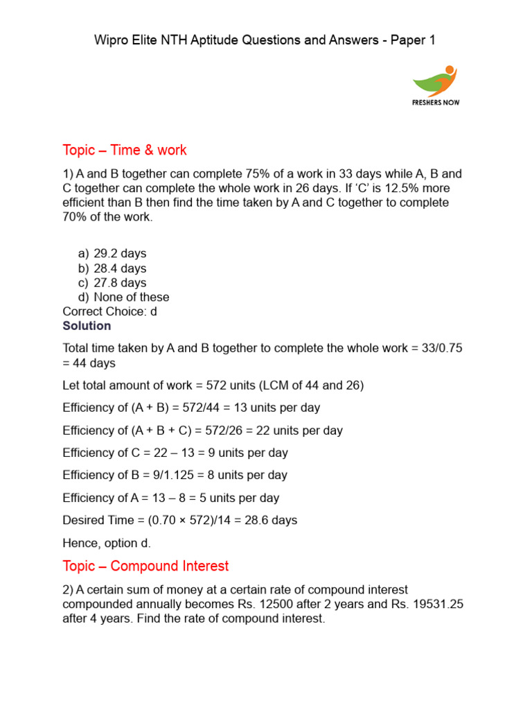 Wipro Elite NTH Aptitude Questions and Answers - Paper 1 | PDF | Speed