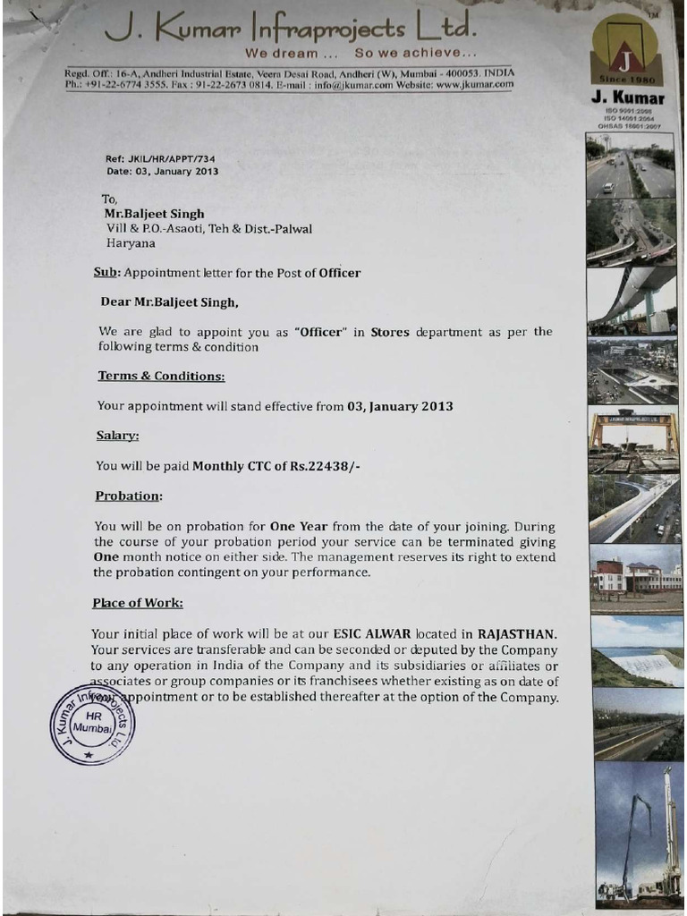 J Kumar Offer Letter | PDF