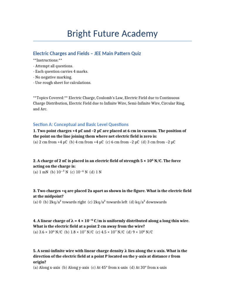 JEE Main Quiz: Electric Charges & Fields | PDF | Electric Field ...