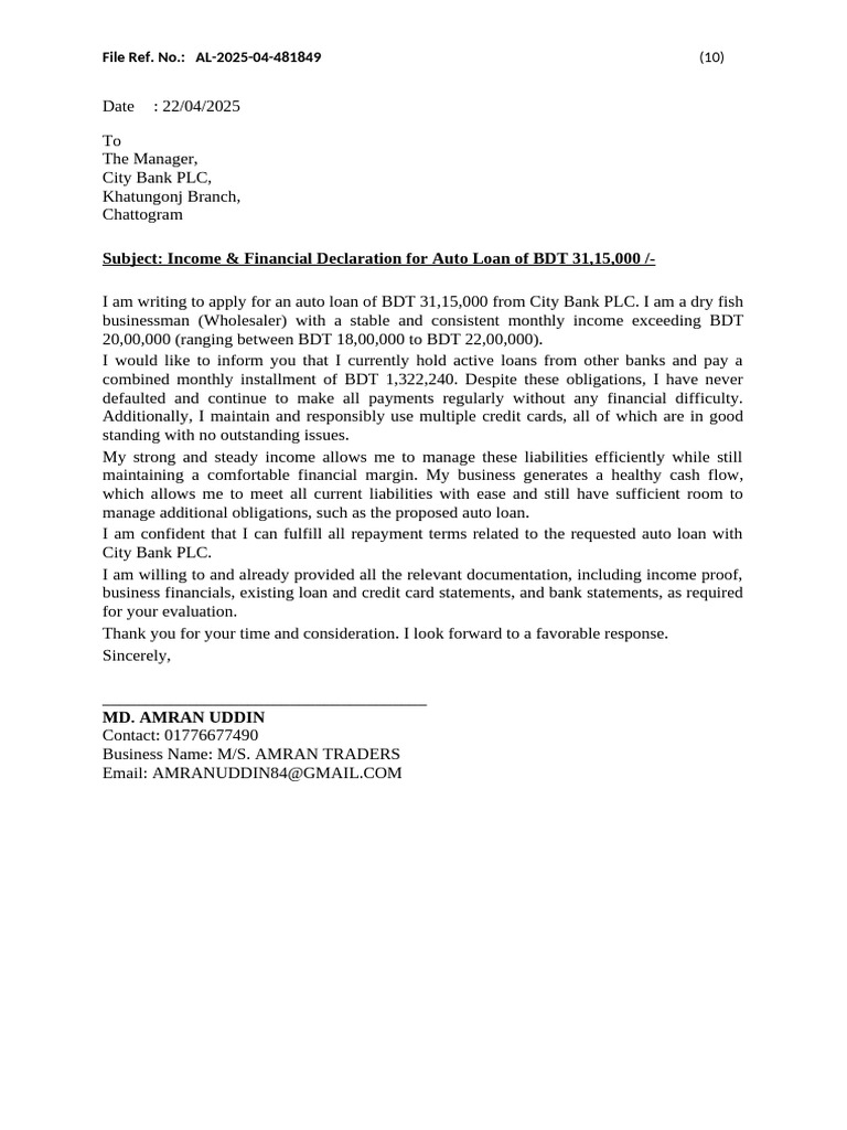 Subject: Income & Financial Declaration For Auto Loan of BDT 31,15,000 ...