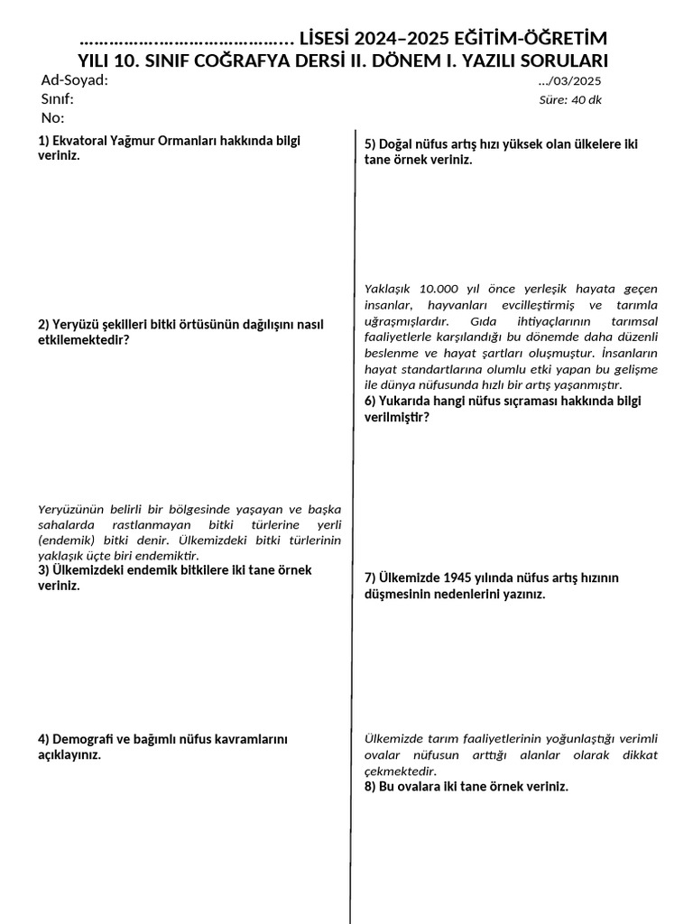 Cografya 10 Sinif 2 Donem 1 Yazili 2024 2025 | PDF