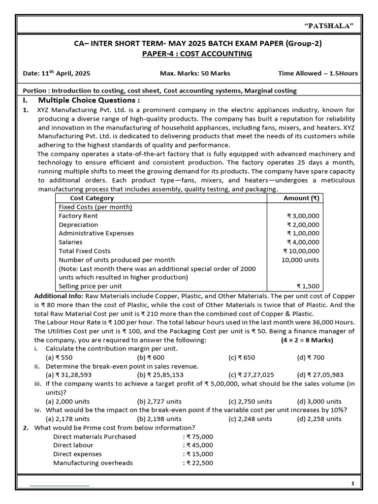 E2-P4-Costing - (CA - INTER-ST-MAY 2025) - 11-04-2025 - Key | PDF | Cost Of Goods Sold ...