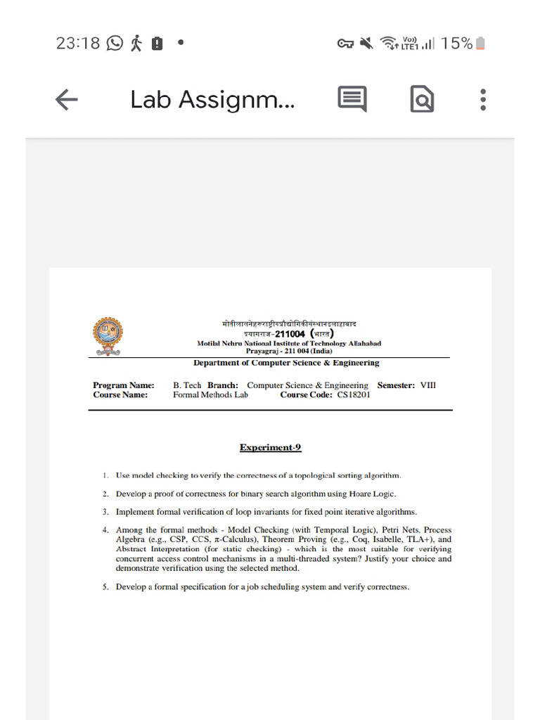 Formal Methods Lab Experiment 9 | PDF