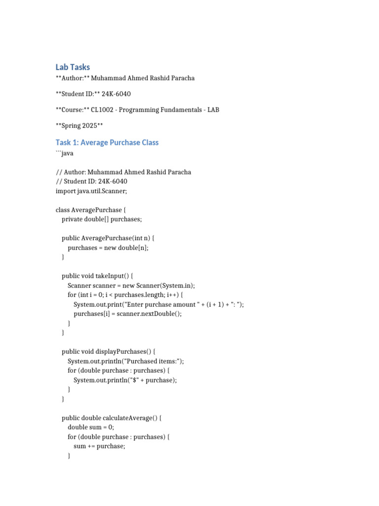 Java Lab Tasks: Average Purchase & Billing | PDF