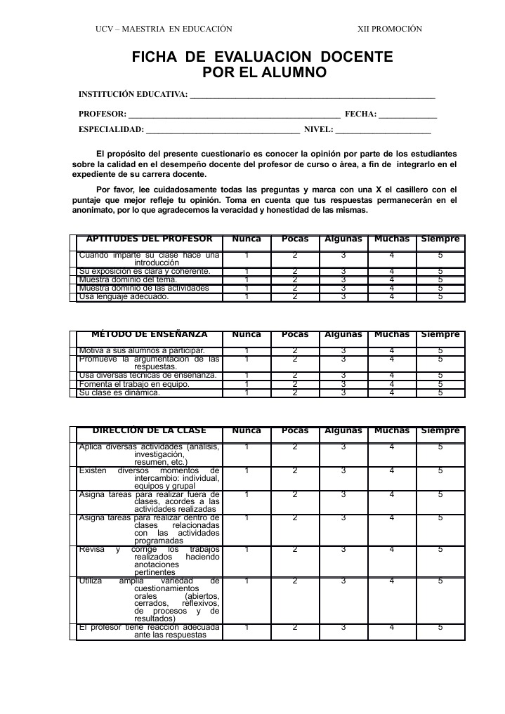 Ficha de Evaluación Docente por Alumnos | PDF | Maestros | Evaluación