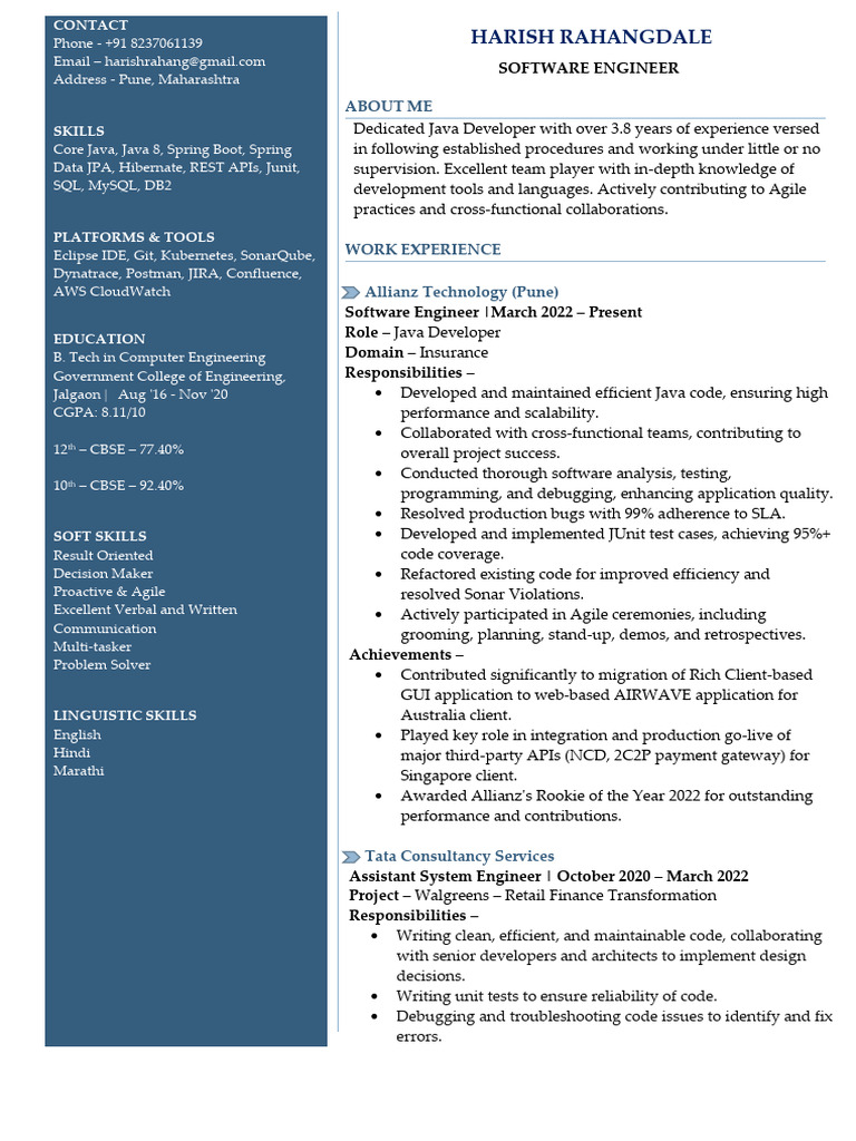 Harish Rahangdale Java Developer Resume | PDF | Java (Programming ...