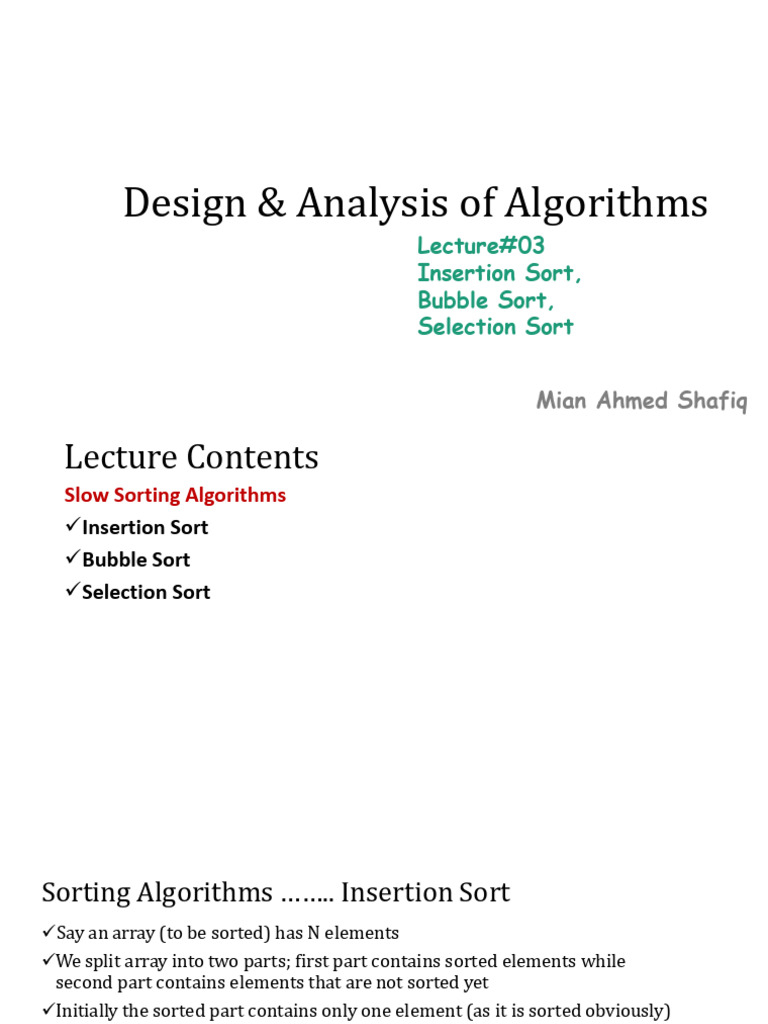 Lecture#03, DAA, Insertion Sort, Bubble Sort, Selection Sort | PDF | Algorithms | Theoretical ...