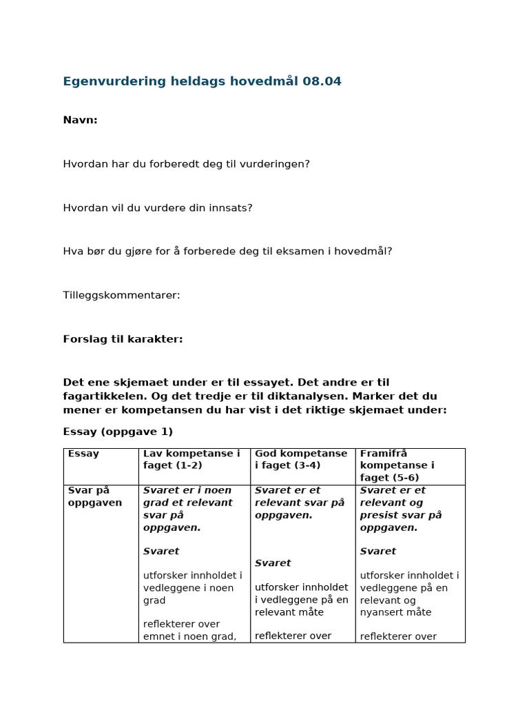 Egenvurdering Skriveøkt 08.04 | PDF