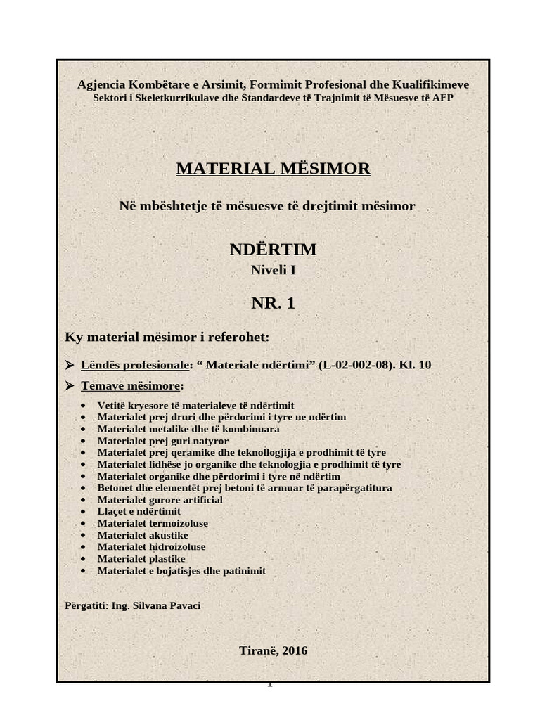 12 Lenda Materiale Ndertimi Kl.10 Ndertim 2016 | PDF