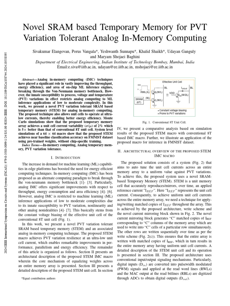 Novel SRAM Based Temporary Memory For PVT Variation Tolerant Analog In-Memory Computing | PDF ...