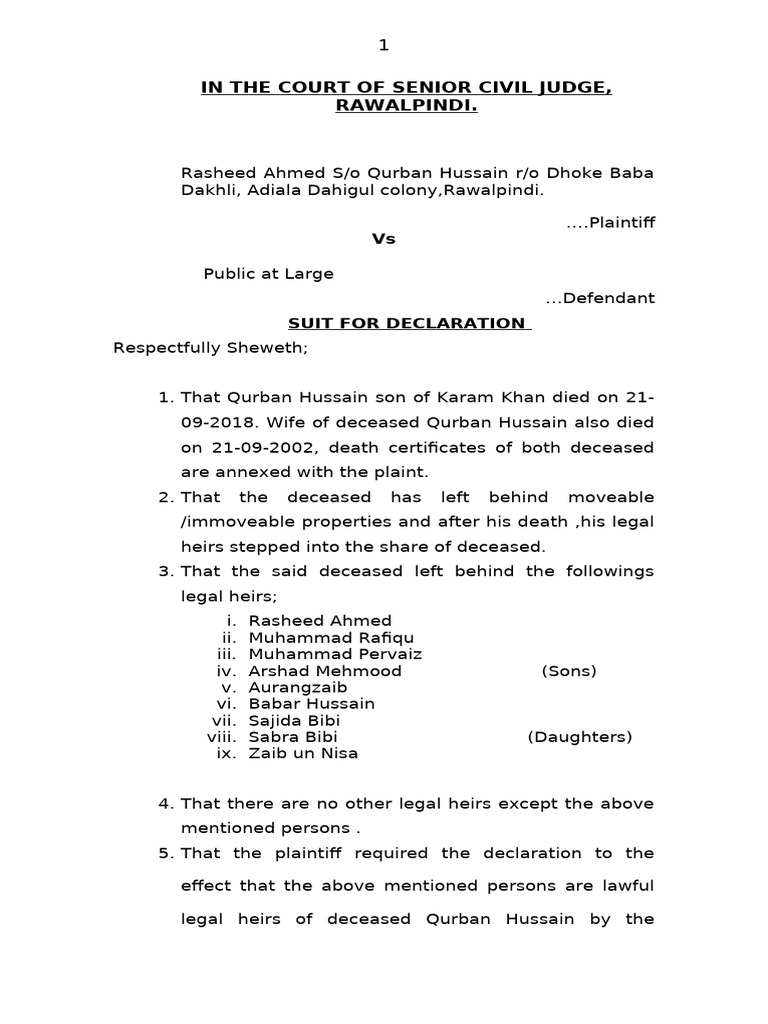 Suit For Declaration Rasheed Ahmed | PDF | Separation Of Powers ...